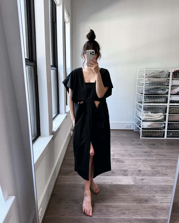 Modern Weaving Cut Out V-Neck Sack Dress - Black | Garmentory