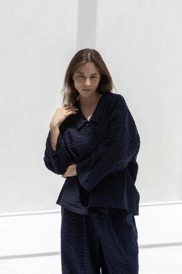 Black Crane Chelsea Collar Shirt - Navy | Garmentory