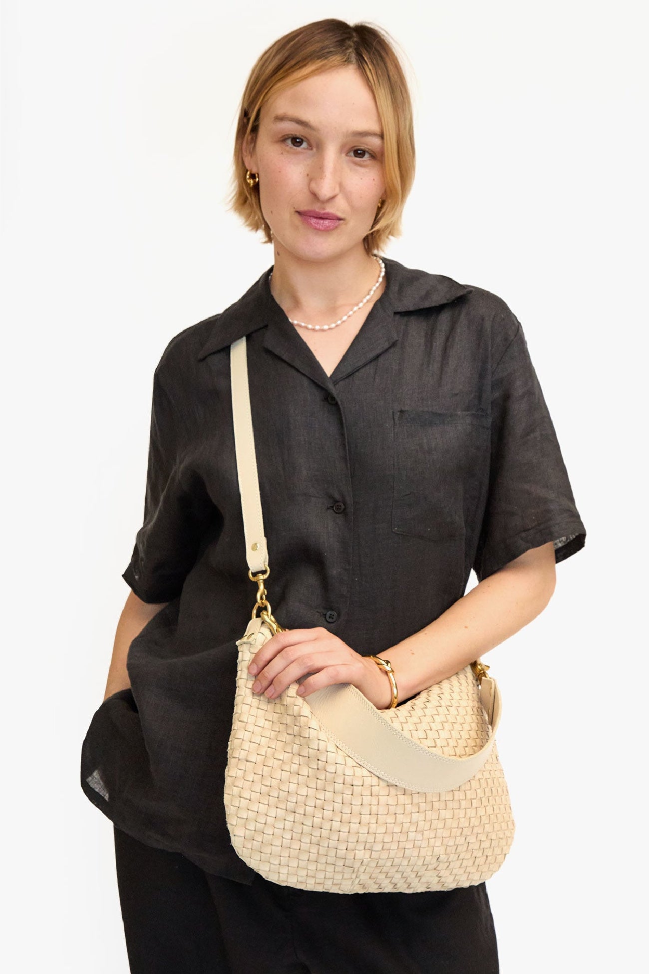 Clare V. Moyen Messenger Bag - Cream Woven Checker | Garmentory