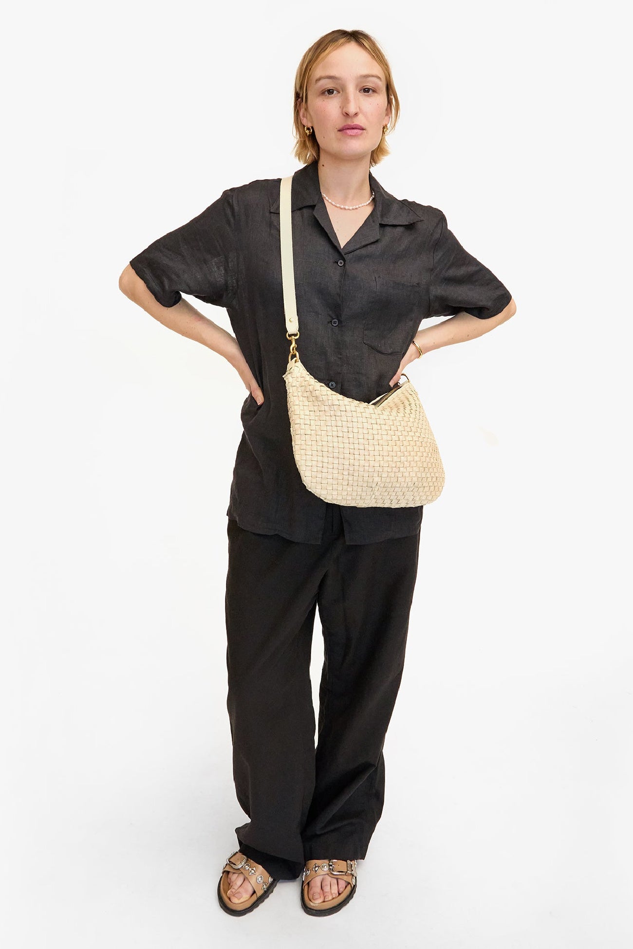 Clare V. Moyen Messenger Bag - Cream Woven Checker | Garmentory