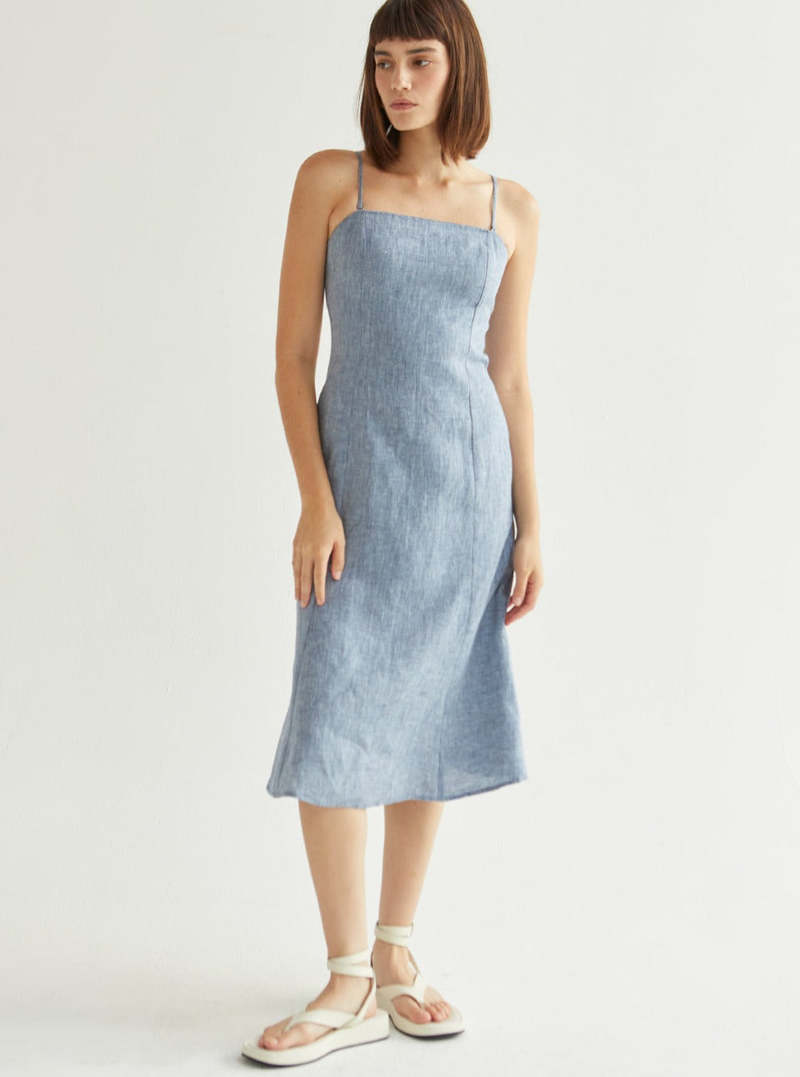 Crescent - Sofia Linen Midi Dress - Chambray | Garmentory