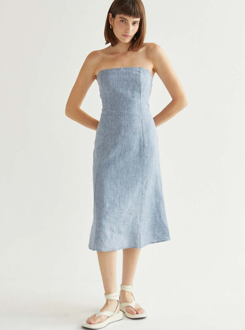 Crescent - Sofia Linen Midi Dress - Chambray | Garmentory