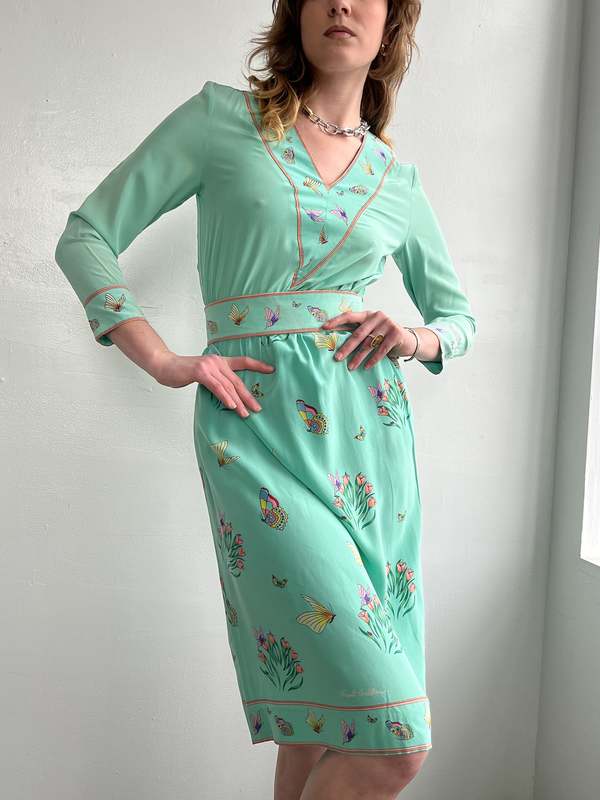 Butterfly Painted Sapphire Silk Dress | Garmentory