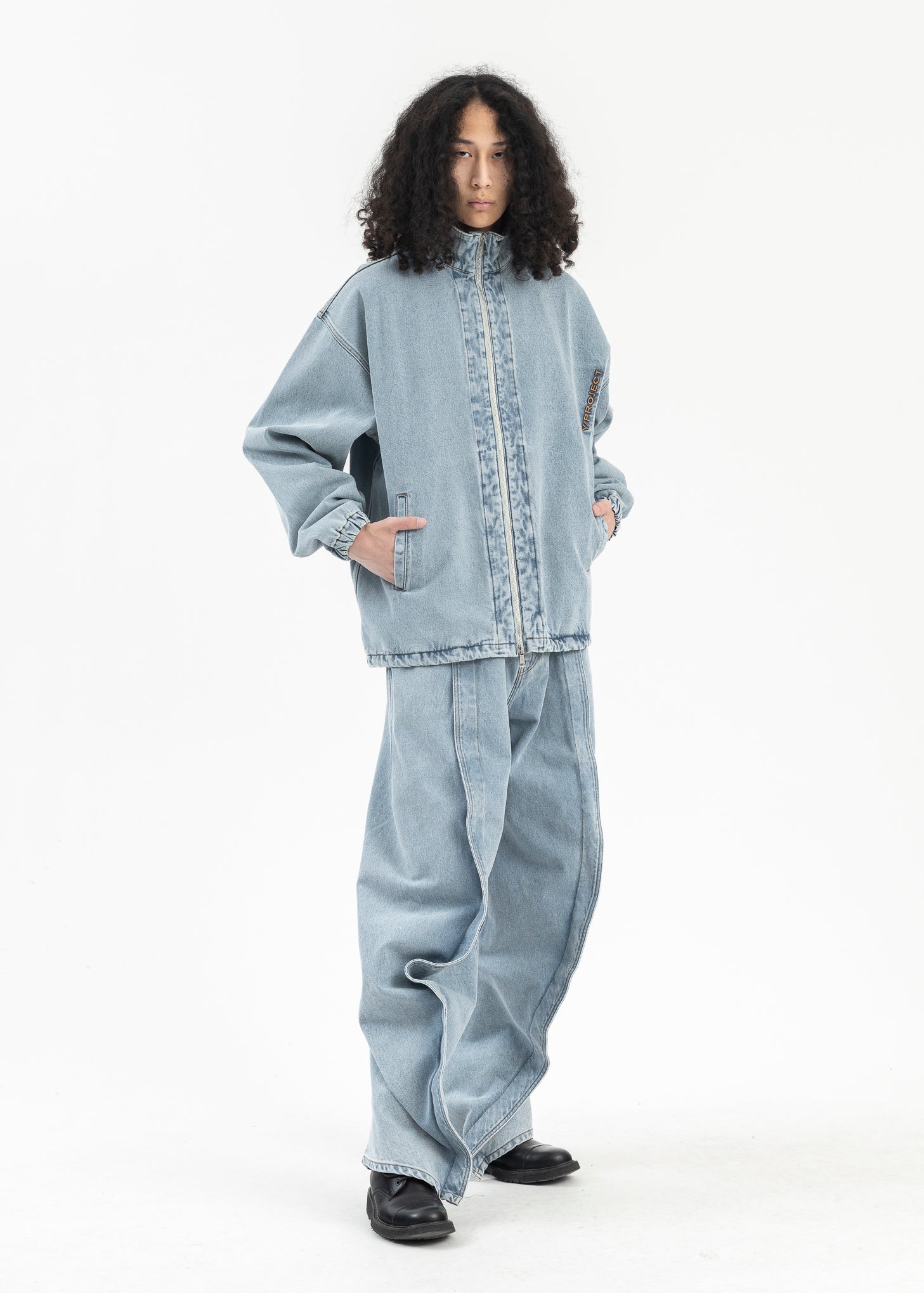 Y/project PINCHED LOGO DENIM WINDBREAKER JACKET - ICE BLUE | Garmentory