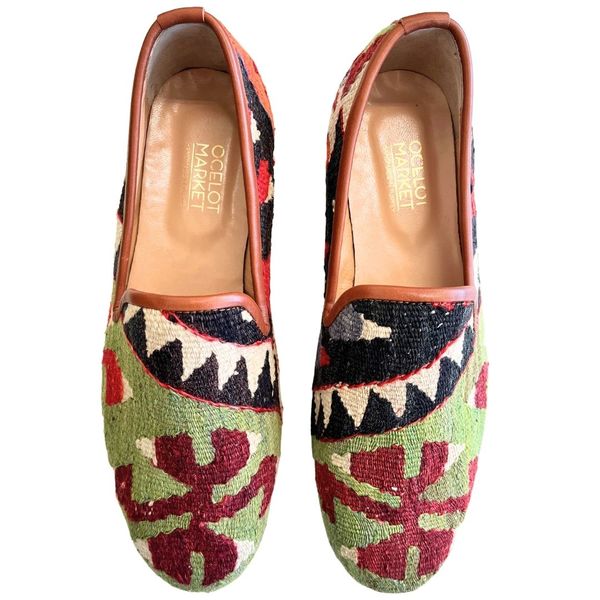 Men's Turkish Kilim Loafers | Light Green with Red Pattern | Garmentory