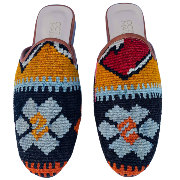 Men's Turkish Kilim Mules | Orange with Black Flower Pattern | Garmentory