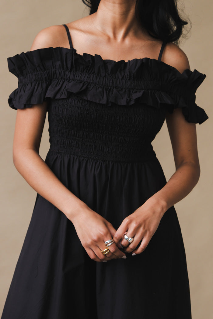 Ganni COTTON POPLIN LONG SMOCK DRESS - Black | Garmentory