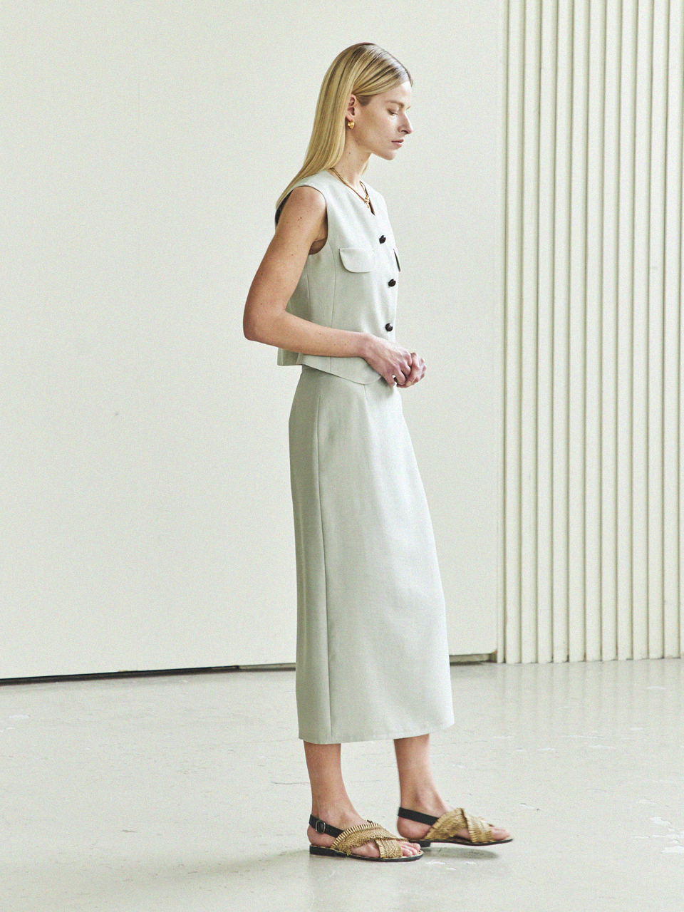 Maison De Ines Pocket Button Vest & H-line Slit Skirt Set - Olive Gray ...