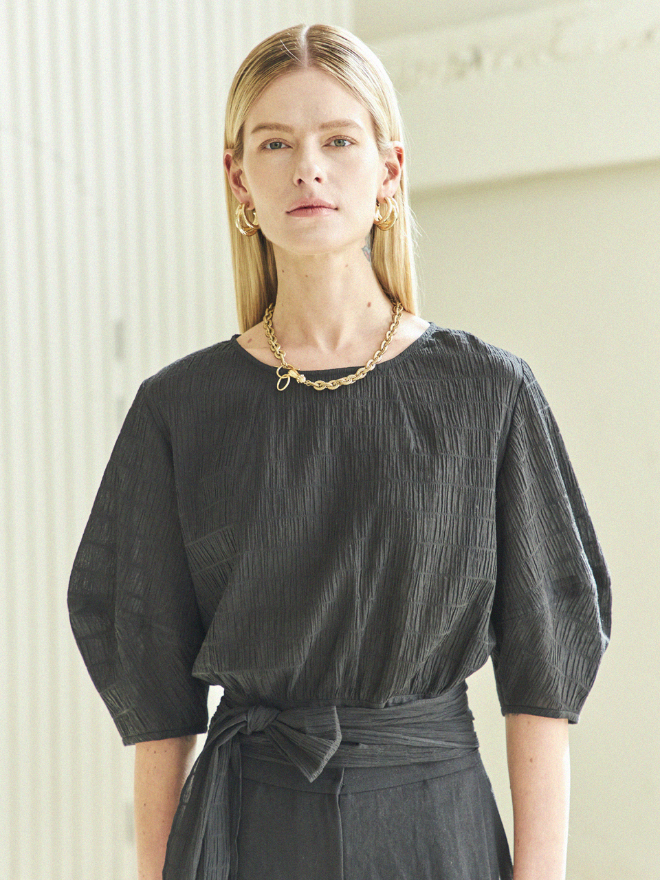 Maison De Ines Waist Ribbon Tie Blouse - Black | Garmentory