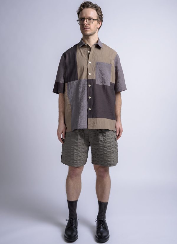 Grei. S/s Panel Box Shirt - Khaki Patchwork | Garmentory