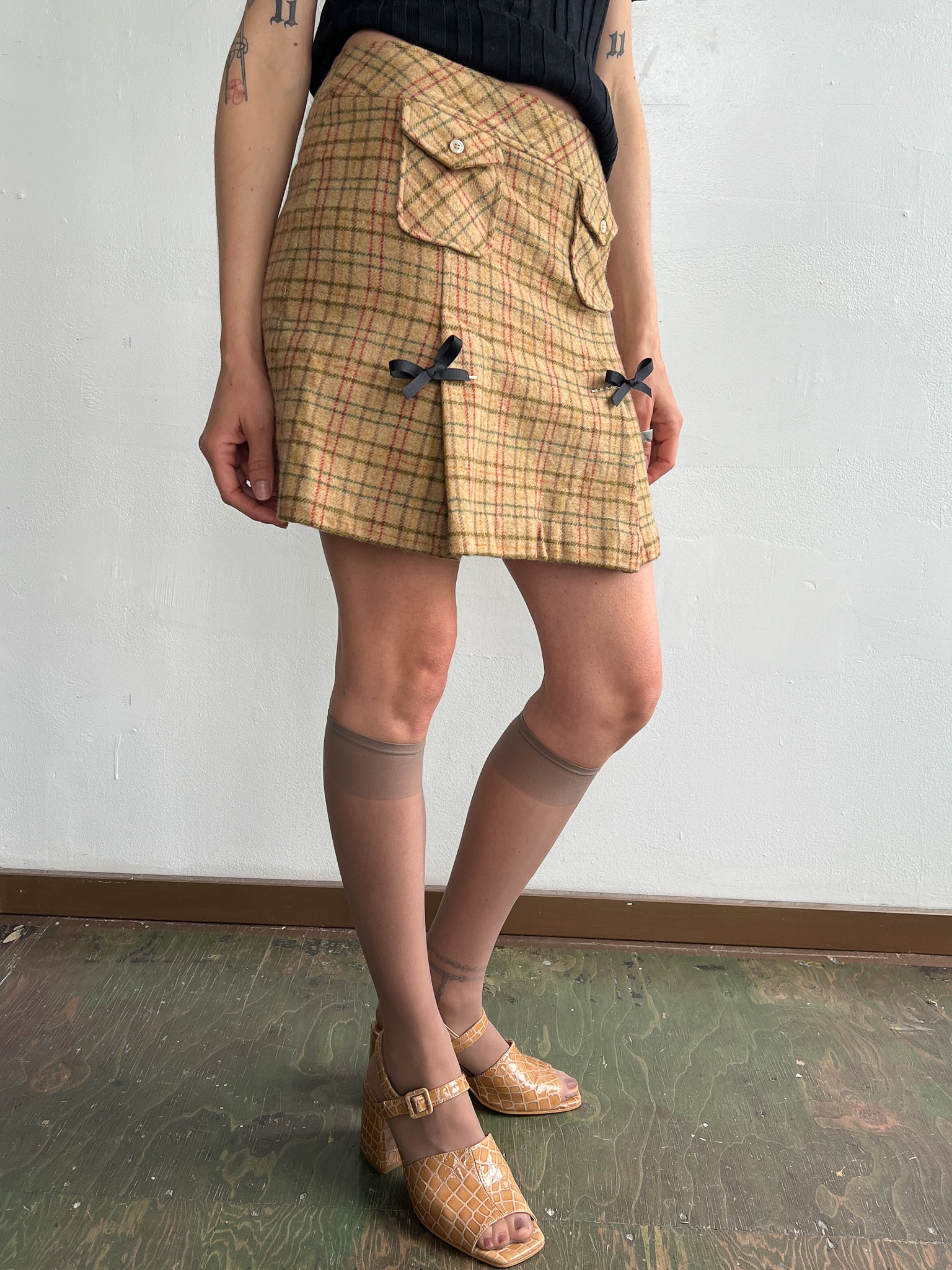 Vintage Tan Plaid Pleated Mini Skirt | Garmentory