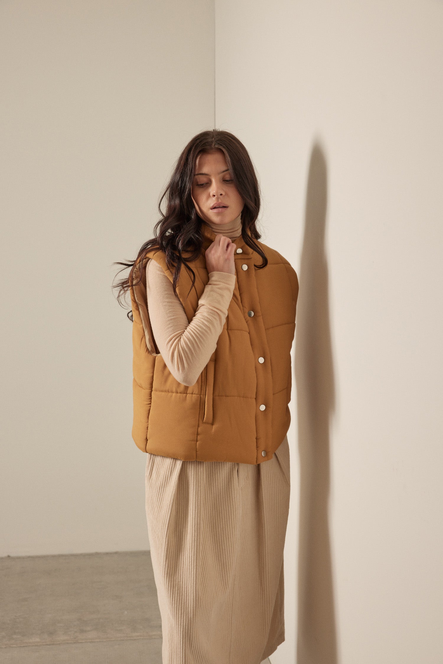 Amente High Neck Quilted Vest - Camel | Garmentory