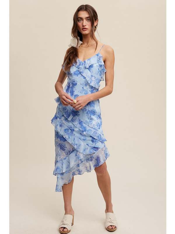 Listicle Godfrey Floral Vneck Asymmetrical Ruffled Midi Dress - Blue ...