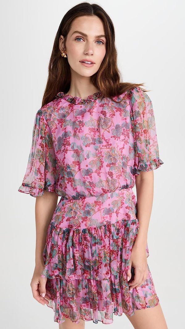 Saloni Ava-D Floral Ruffled Layered Silk Mini Dress - Mulberry Blush Pink | Garmentory
