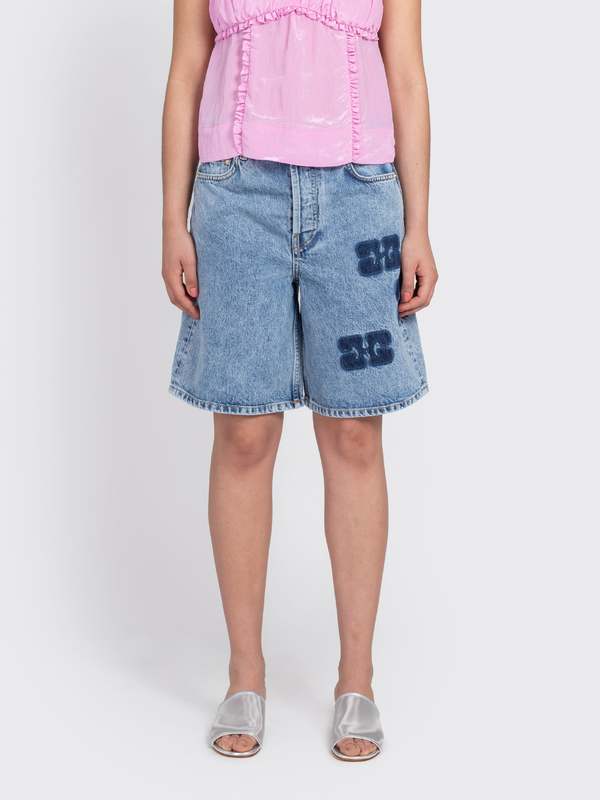 Ganni Patch Denim Shorts - Mid Blue Stone | Garmentory