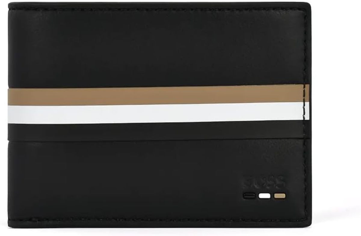Hugo Boss Mens Ray Vegan Leather Bifold Logo Stripes Wallet - Black ...
