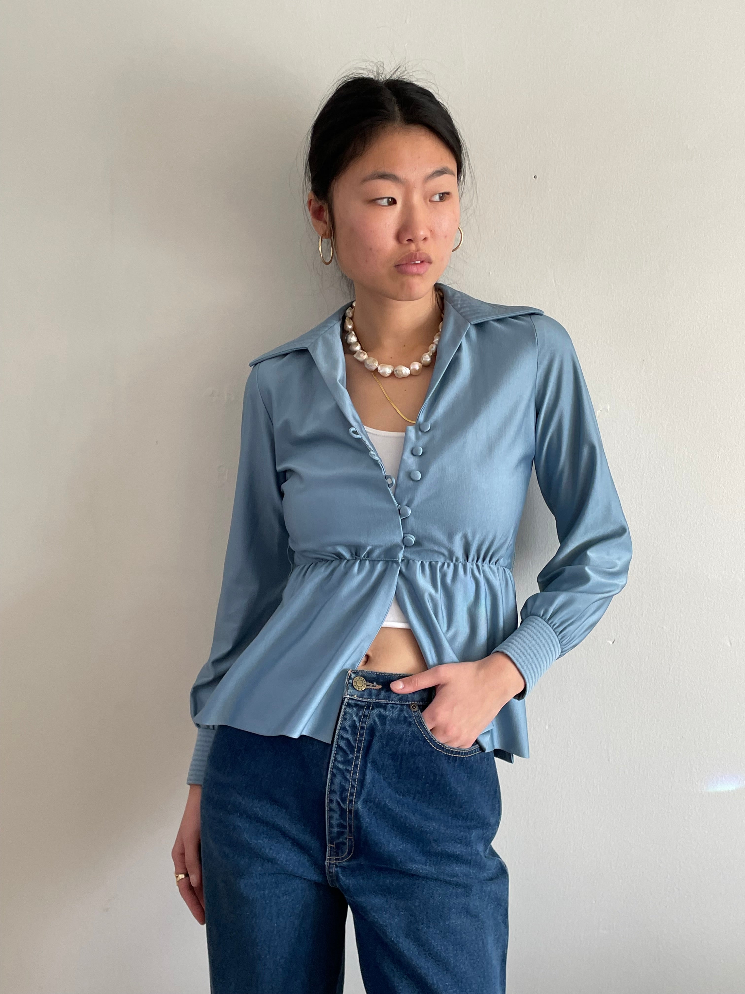 Vintage 70s Polyester Nipped Waist Blouse - Baby Blue | Garmentory