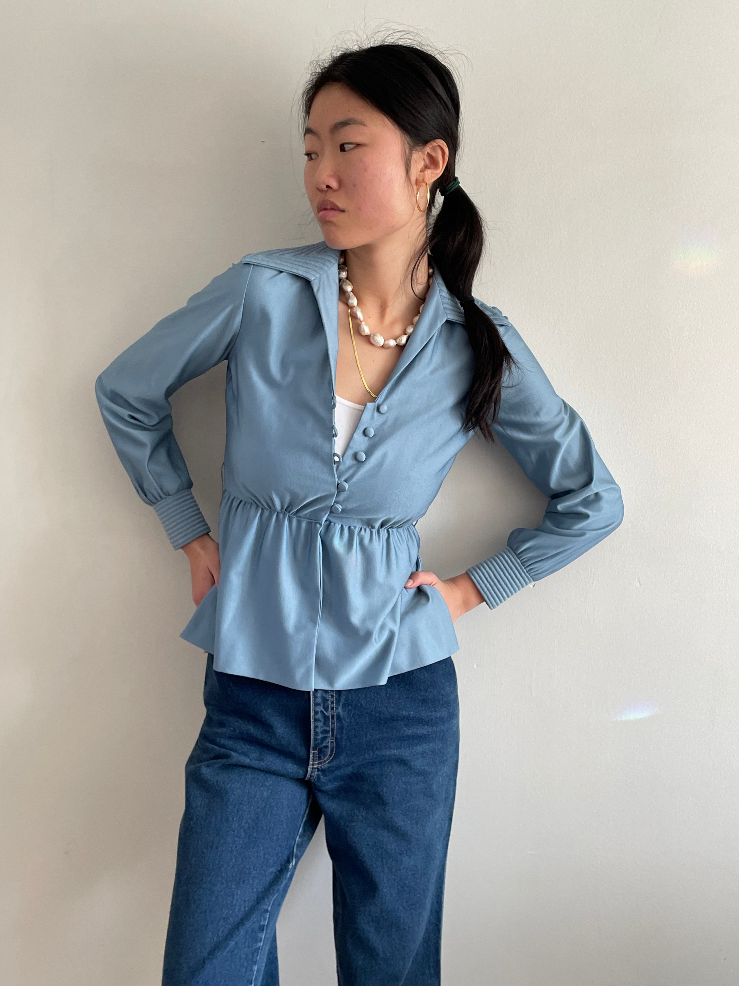 Vintage 70s Polyester Nipped Waist Blouse - Baby Blue | Garmentory