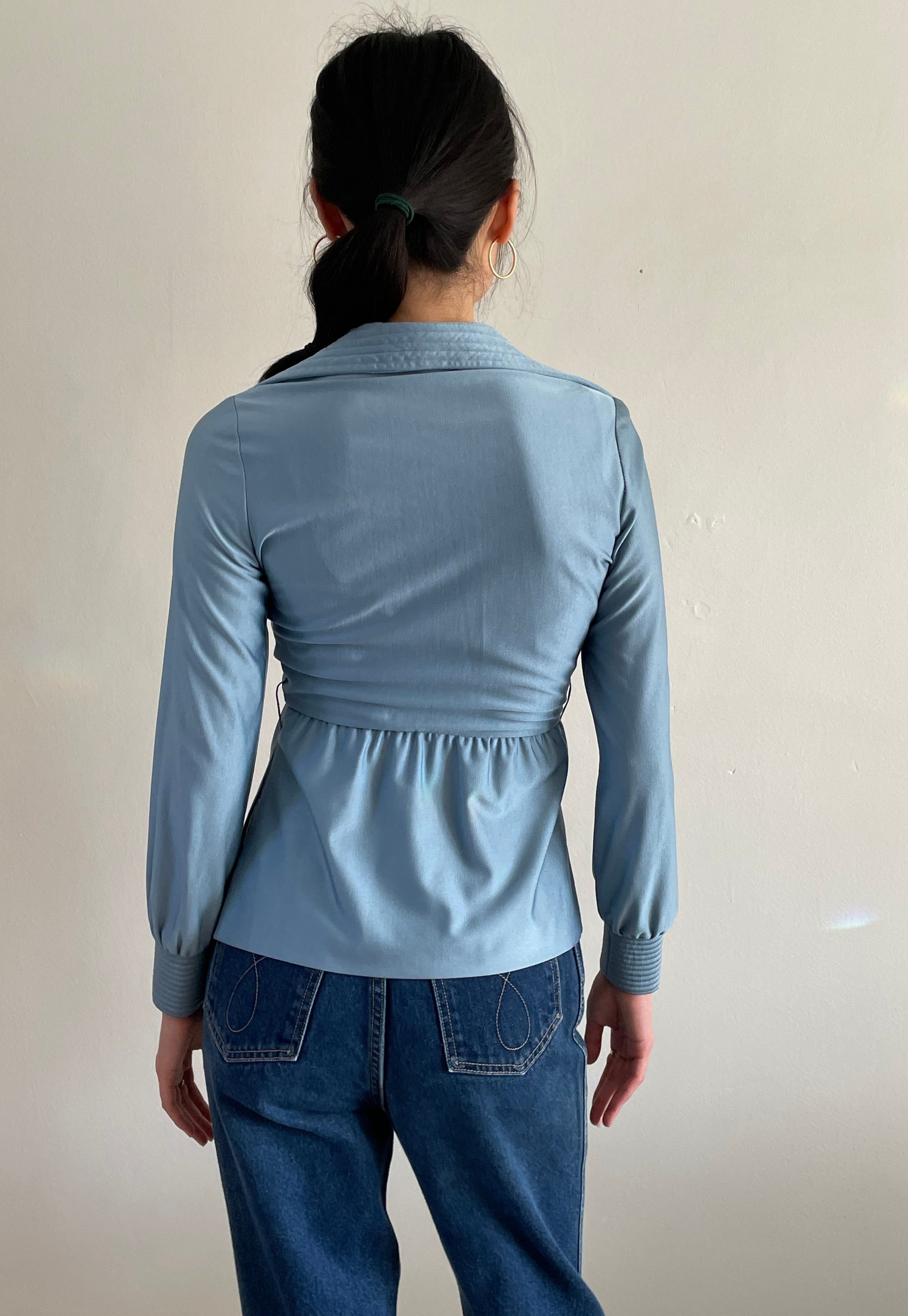 Vintage 70s Polyester Nipped Waist Blouse - Baby Blue | Garmentory