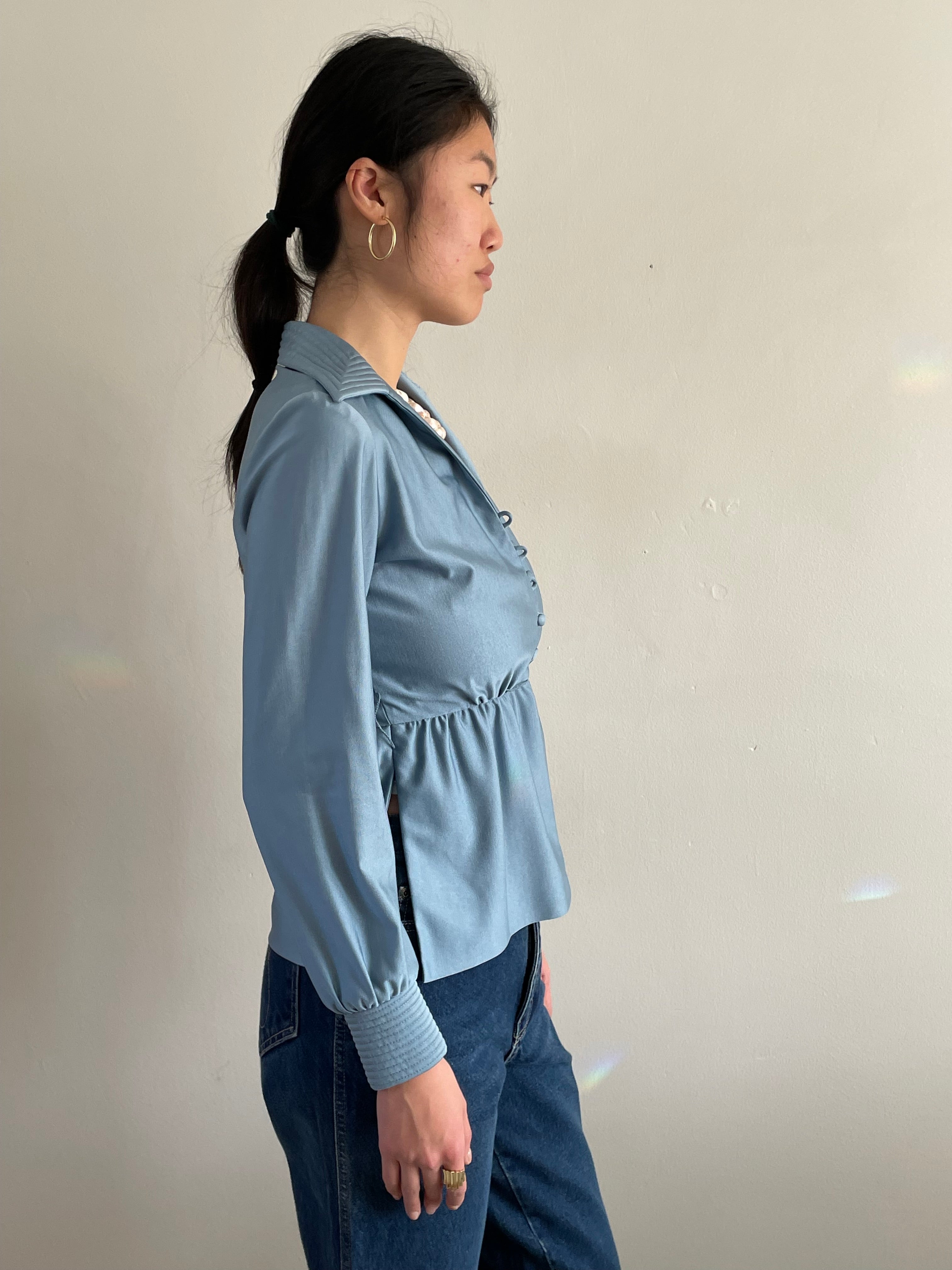 Vintage 70s Polyester Nipped Waist Blouse - Baby Blue | Garmentory