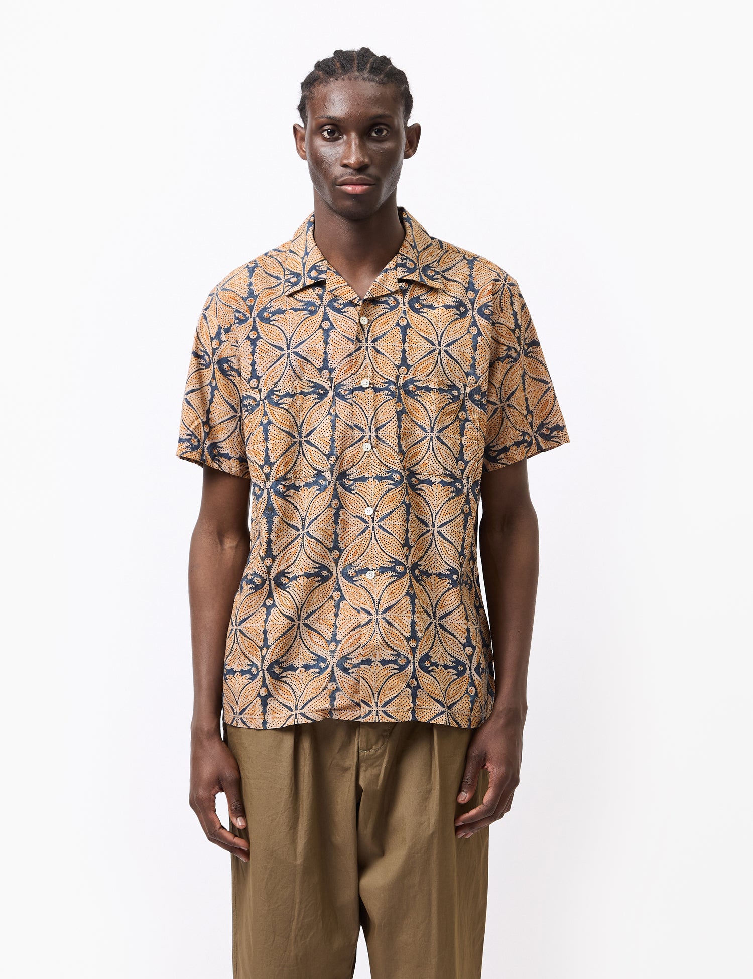 Beams Plus Open Collar Block Print Shirt - Blue | Garmentory