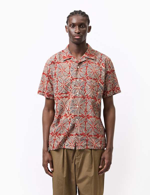 Beams Plus Open Collar Block Print Shirt - Vermillion Red | Garmentory