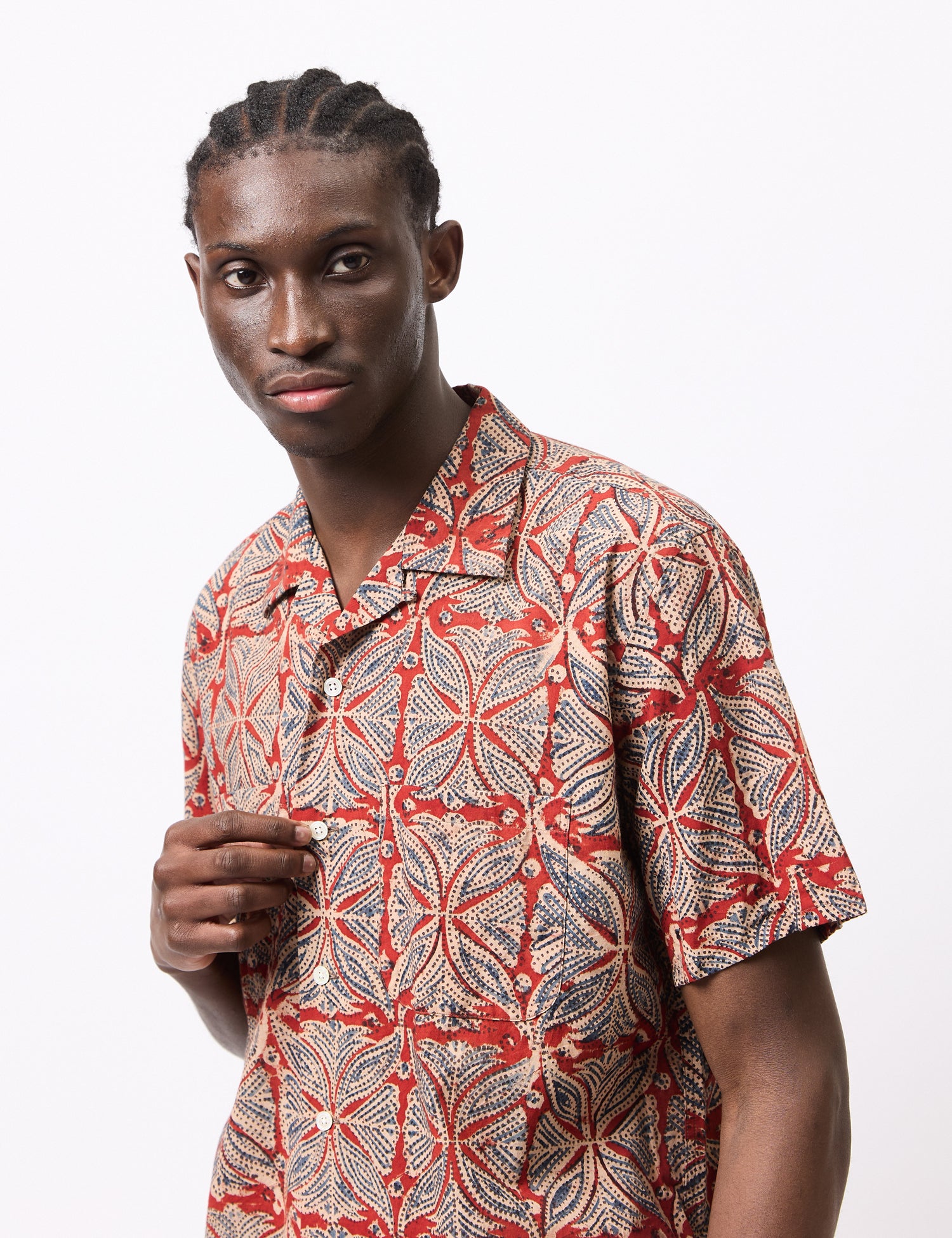 Beams Plus Open Collar Block Print Shirt - Vermillion Red | Garmentory