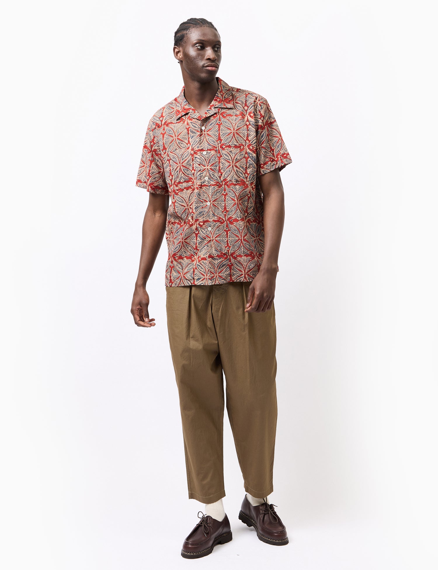 Beams Plus Open Collar Block Print Shirt - Vermillion Red | Garmentory