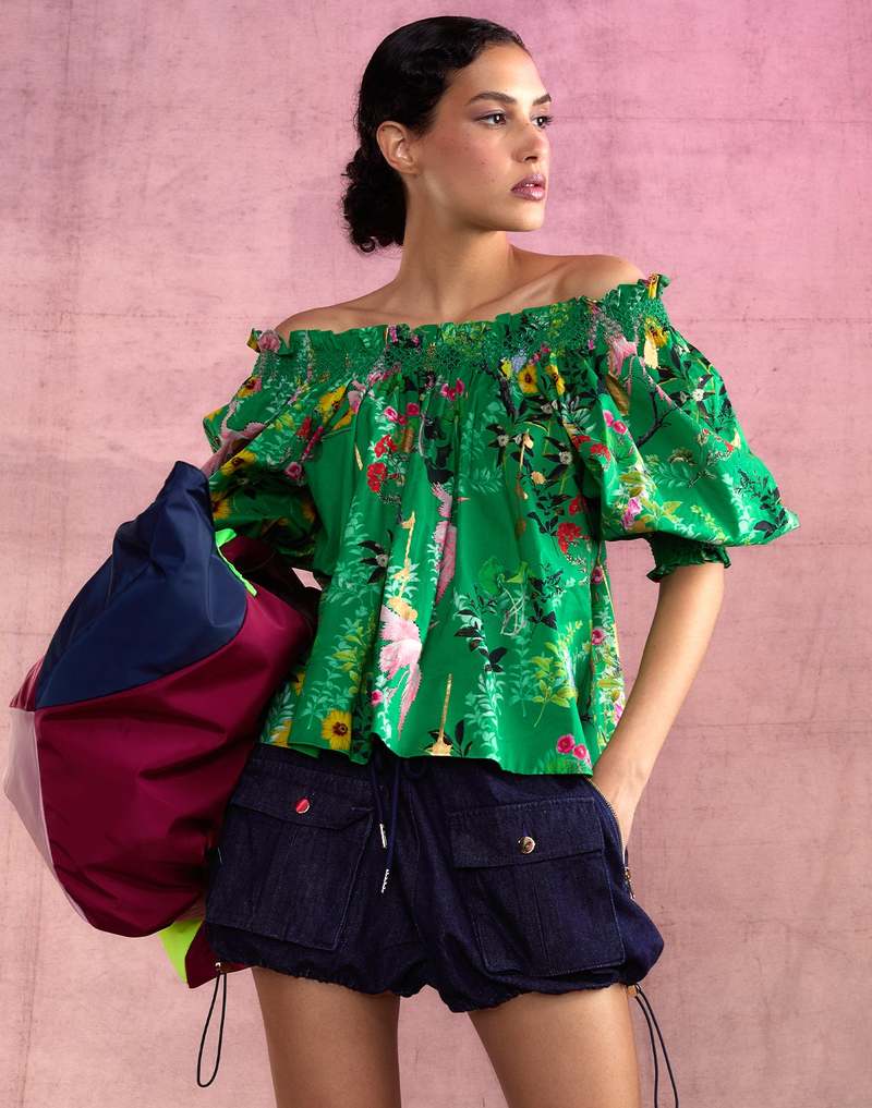 Cynthia Rowley Malta Off Shoulder Blouse - Green Floral | Garmentory