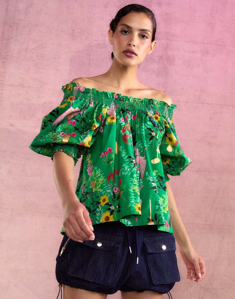 Cynthia Rowley Malta Off Shoulder Blouse - Green Floral | Garmentory