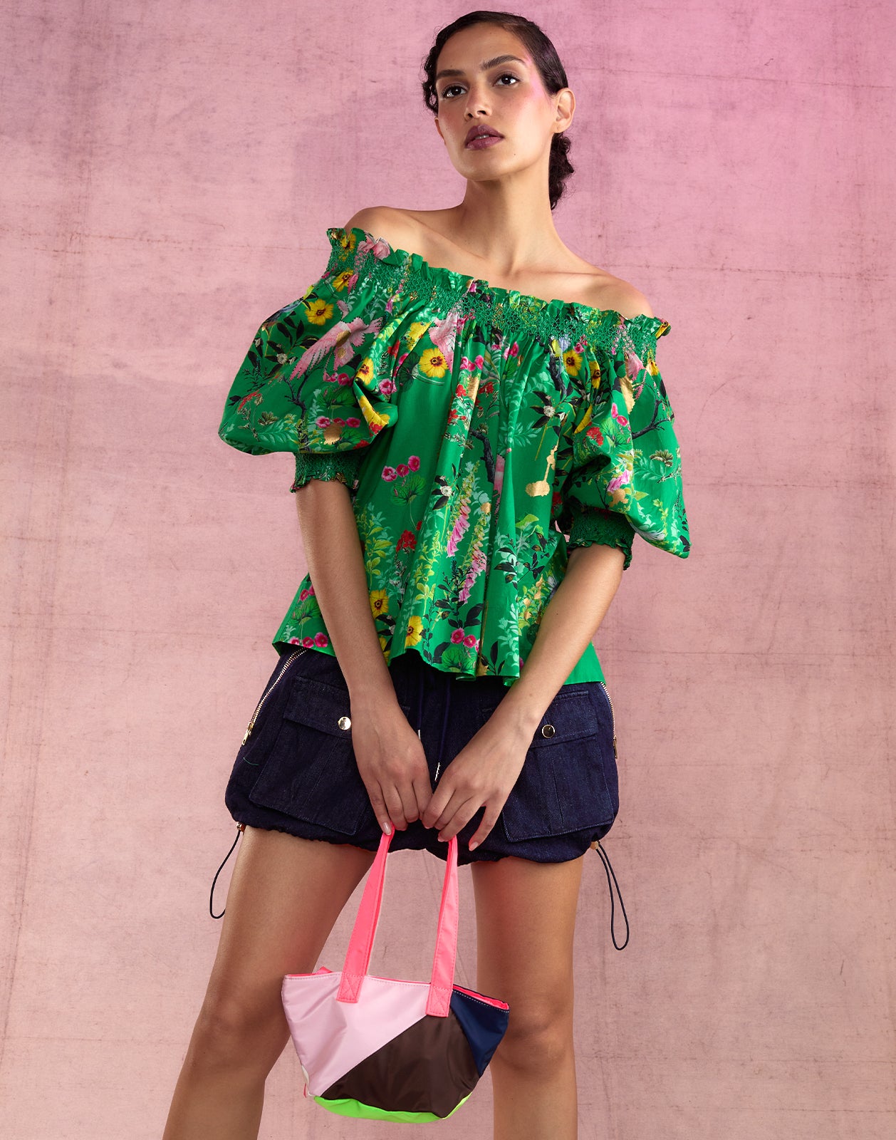 Cynthia Rowley Malta Off Shoulder Blouse - Green Floral | Garmentory