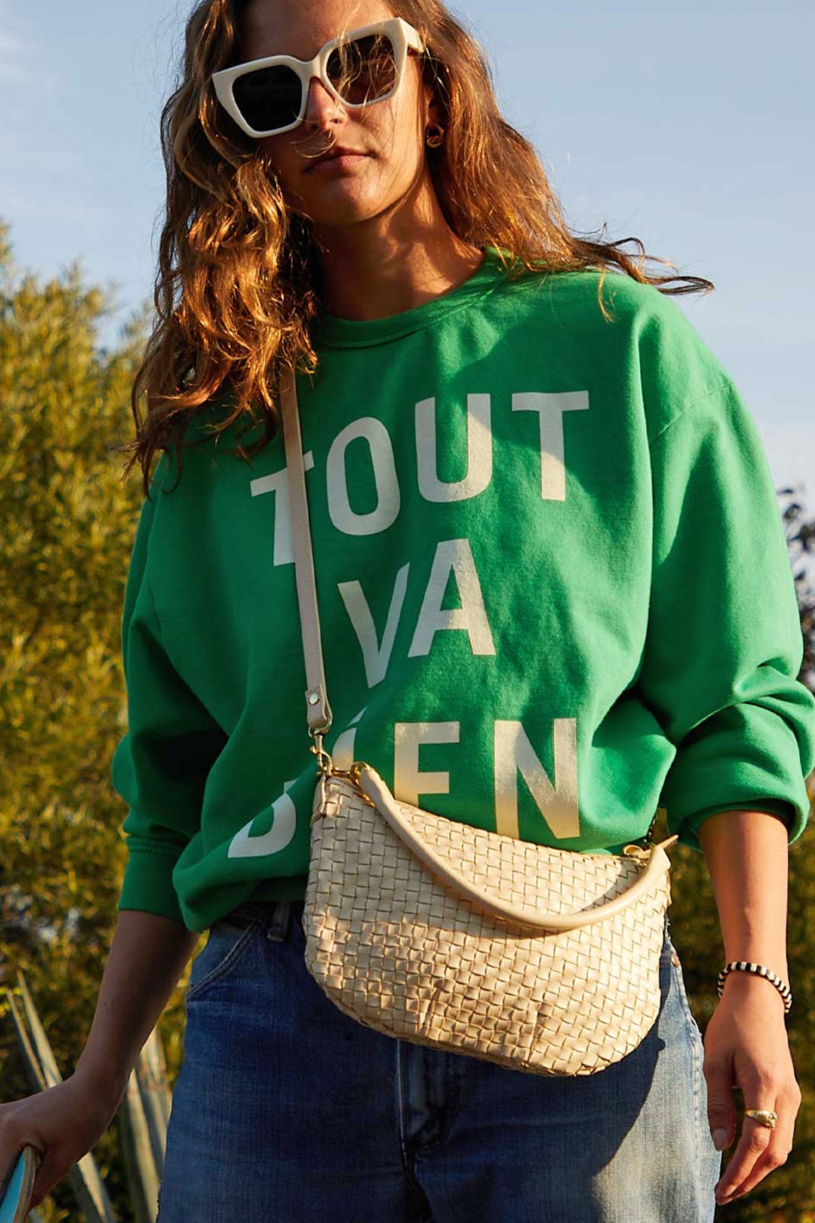 Clare V. Petit Moyen Messenger - Cream Woven Checker | Garmentory