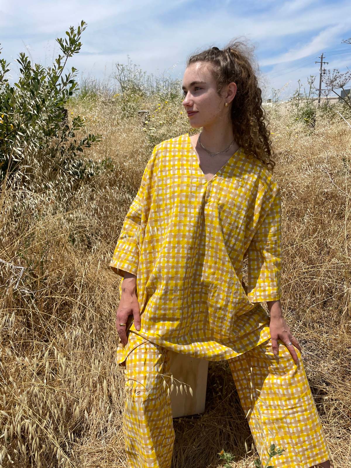 Happy French Gang Dress - Camel/Yellow Grid | Garmentory