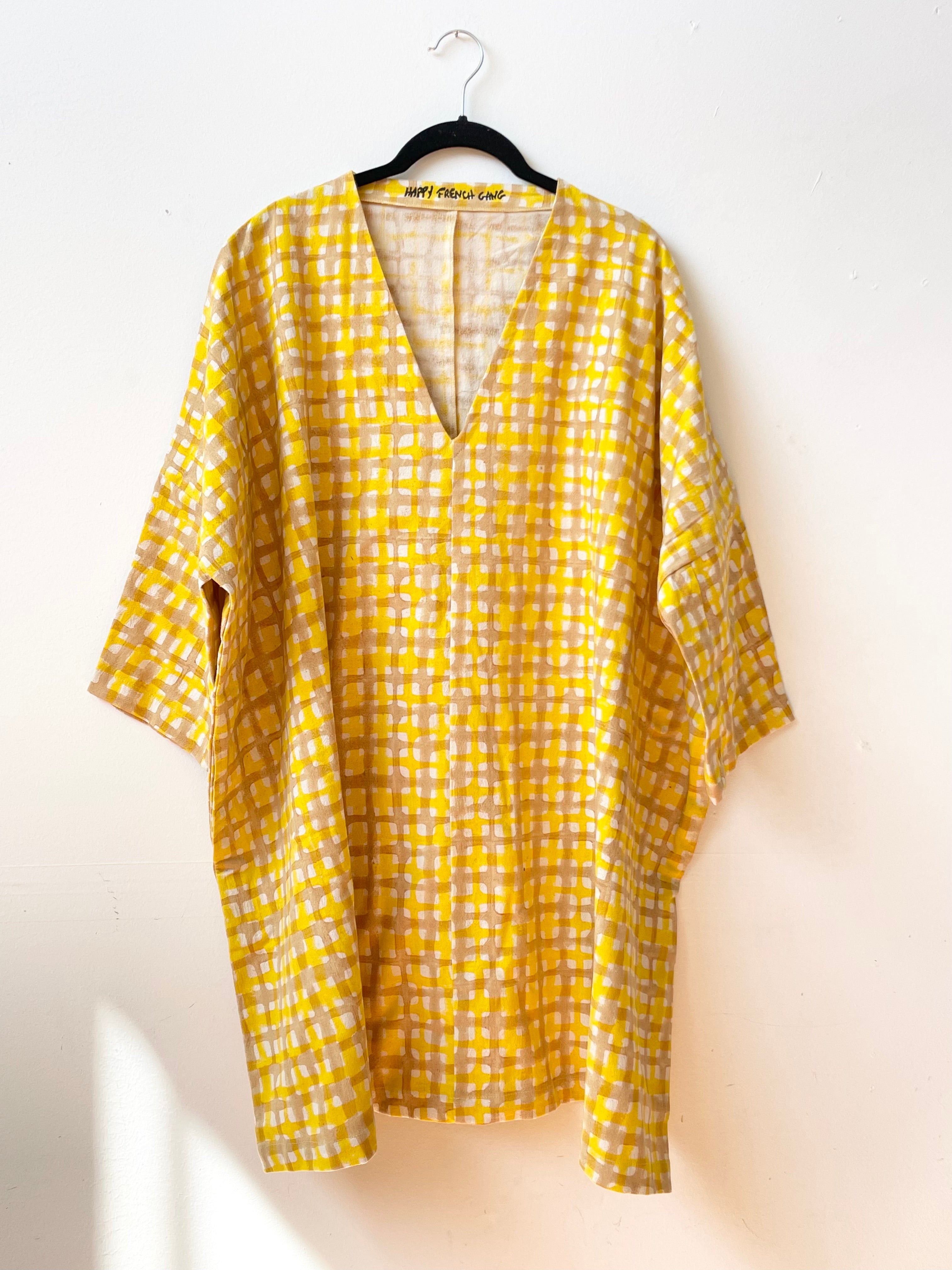 Happy French Gang Dress - Camel/Yellow Grid | Garmentory