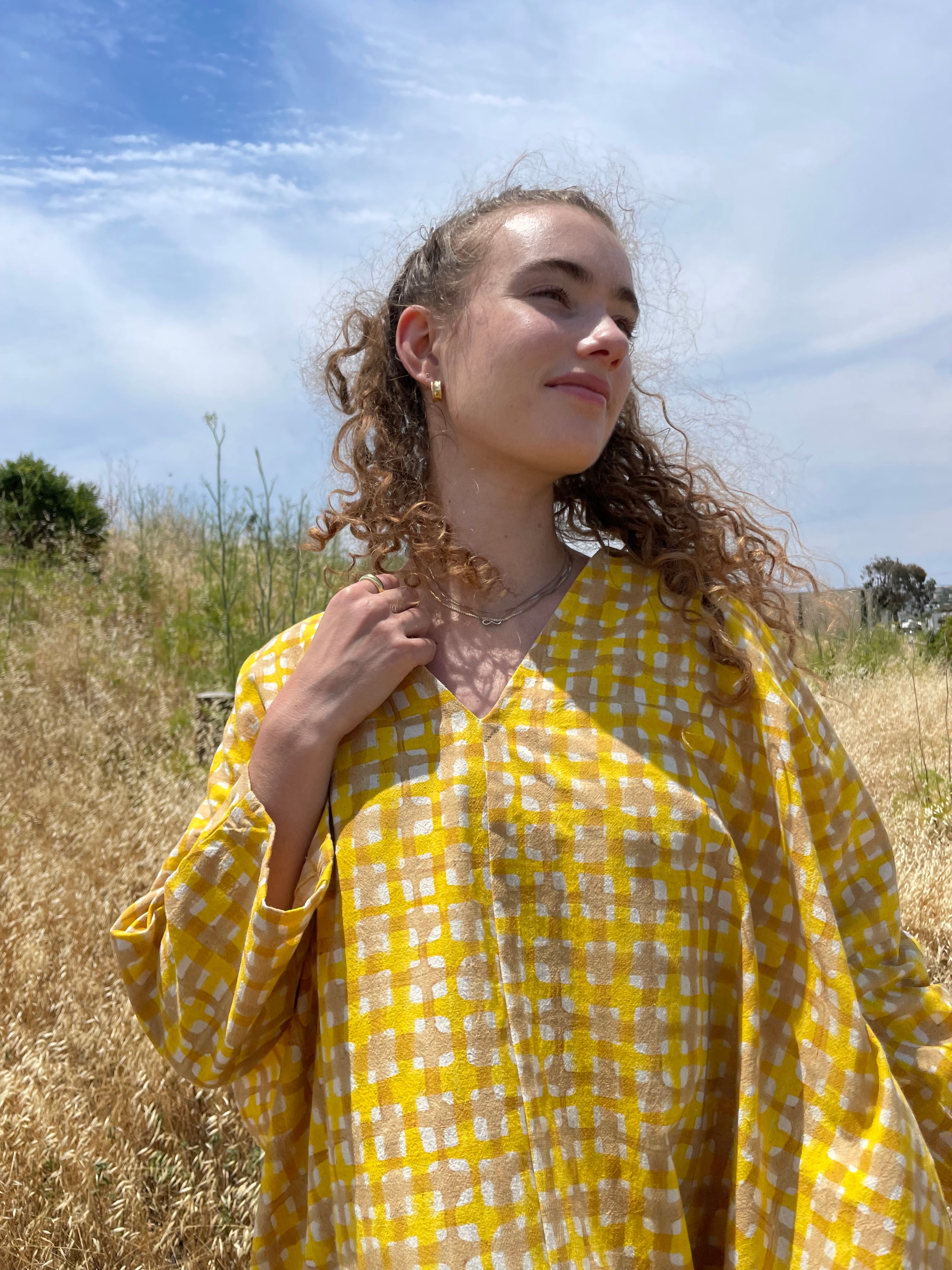 Happy French Gang Dress - Camel/Yellow Grid | Garmentory