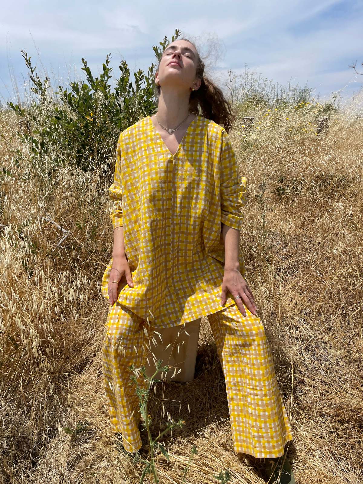 Happy French Gang Dress - Camel/Yellow Grid | Garmentory