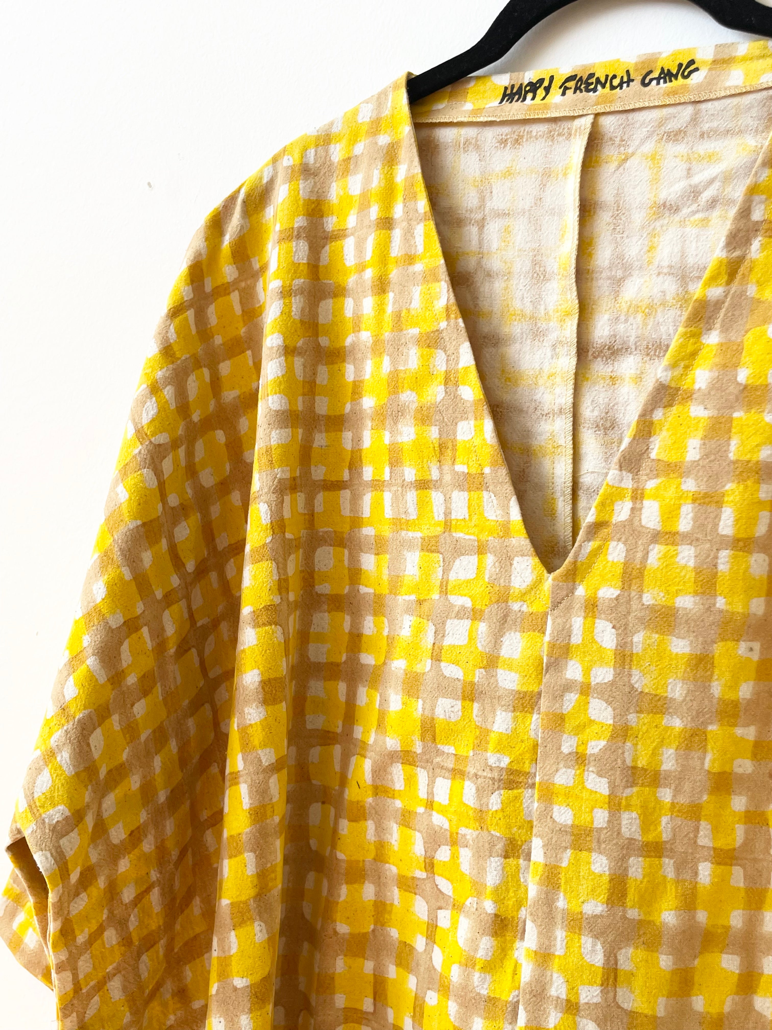 Happy French Gang Dress - Camel/Yellow Grid | Garmentory