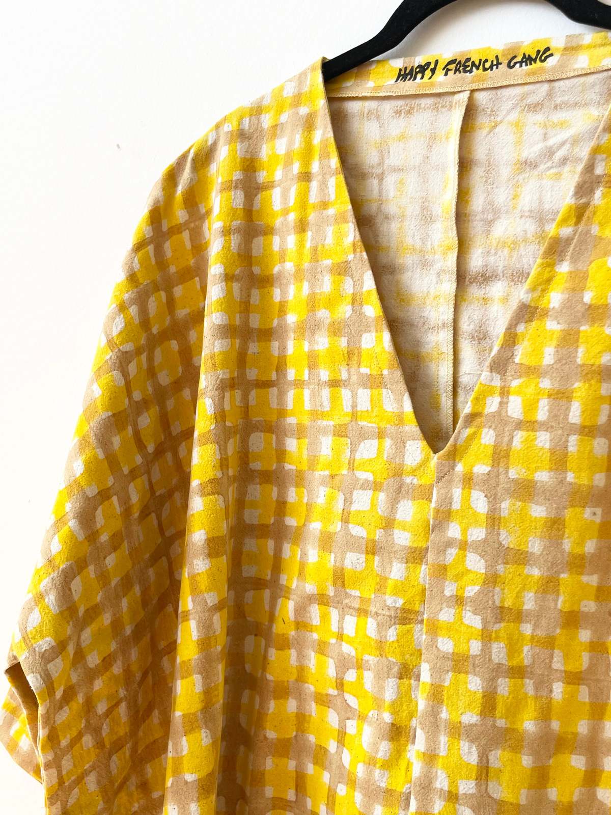 Happy French Gang Dress - Camel/Yellow Grid | Garmentory