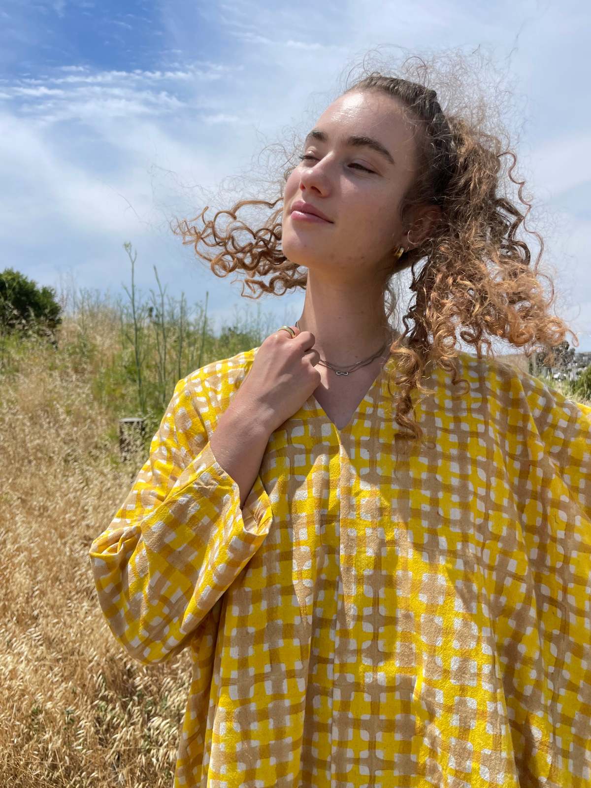 Happy French Gang Dress - Camel/Yellow Grid | Garmentory