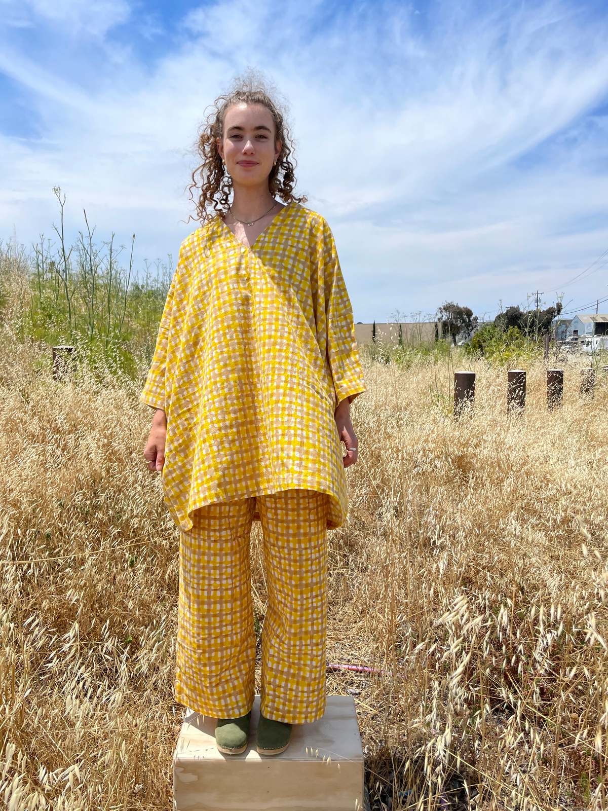 Happy French Gang Dress - Camel/Yellow Grid | Garmentory