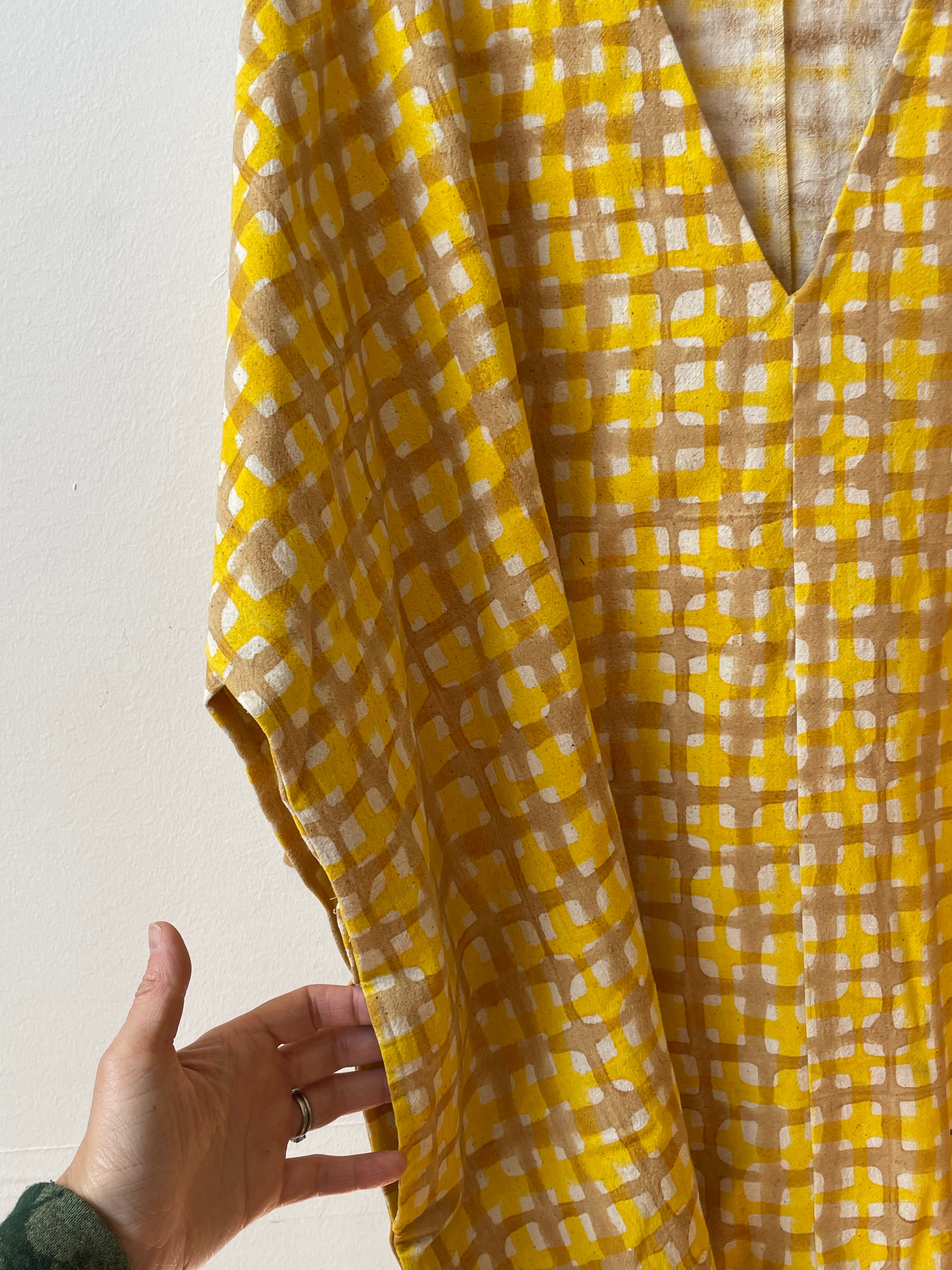 Happy French Gang Dress - Camel/Yellow Grid | Garmentory