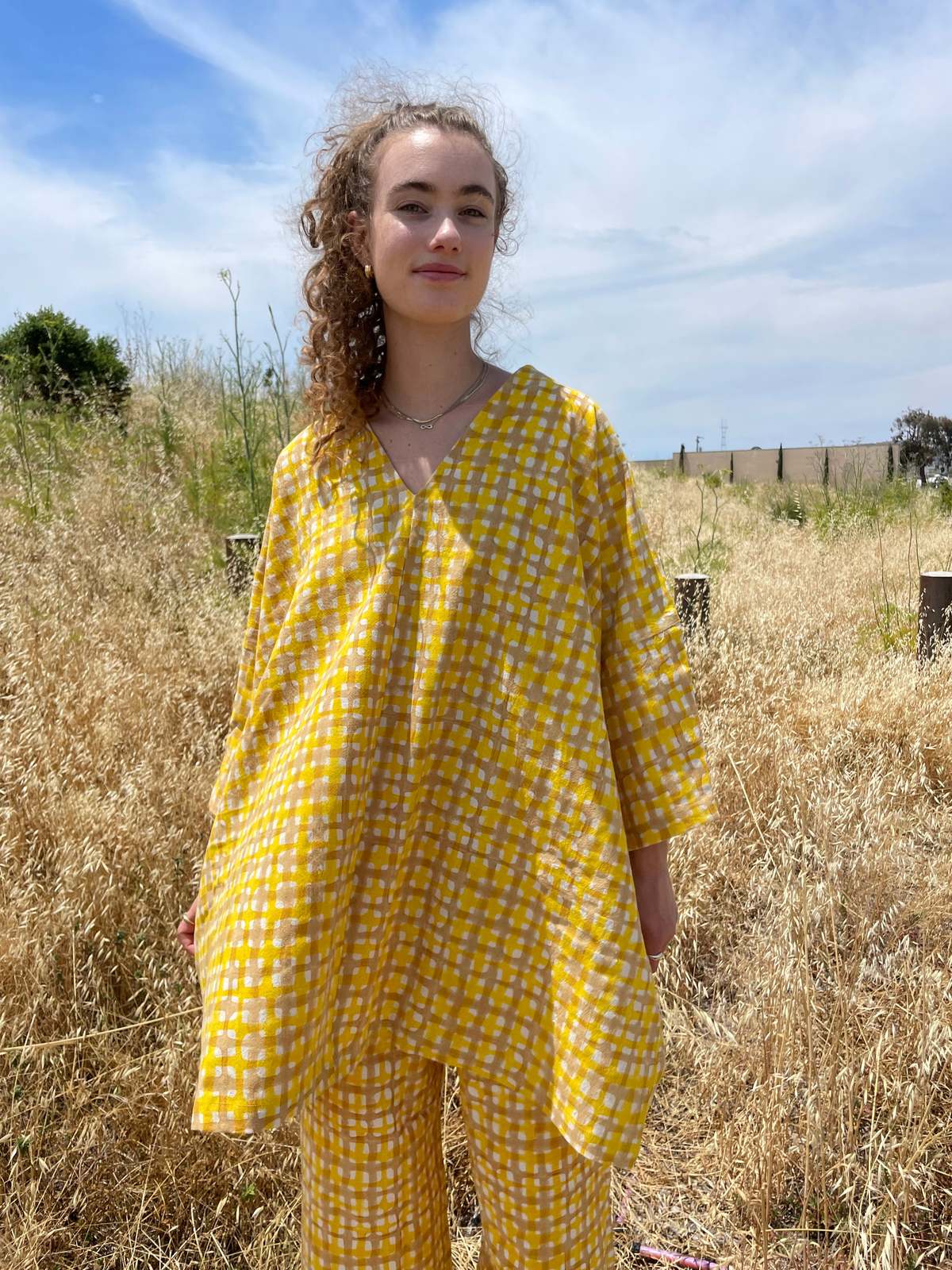 Happy French Gang Dress - Camel/Yellow Grid | Garmentory