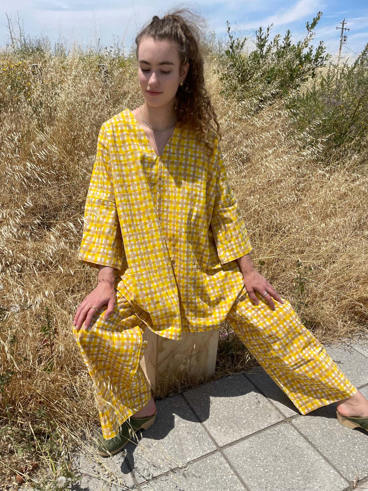 Happy French Gang Dress - Camel/Yellow Grid | Garmentory