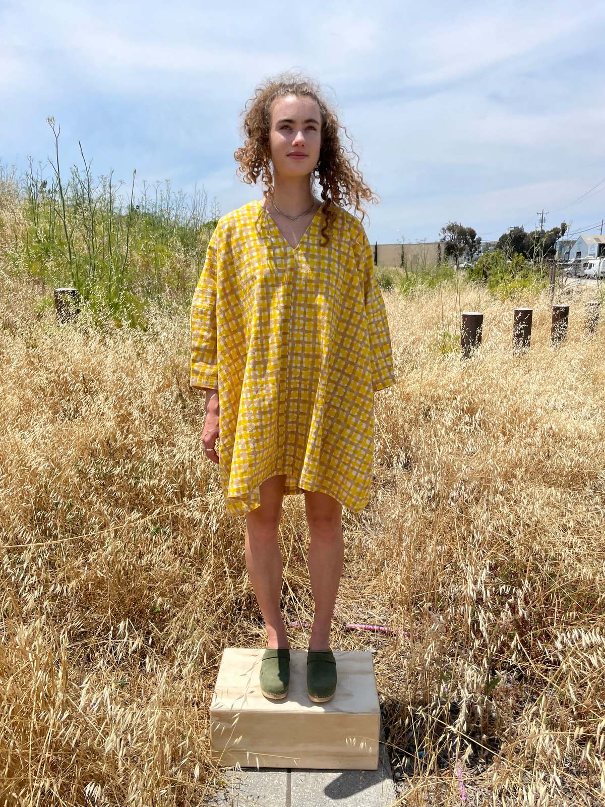 Happy French Gang Dress - Camel/Yellow Grid | Garmentory