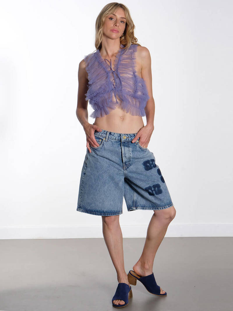 Ganni Patch Denim Shorts - Blue | Garmentory