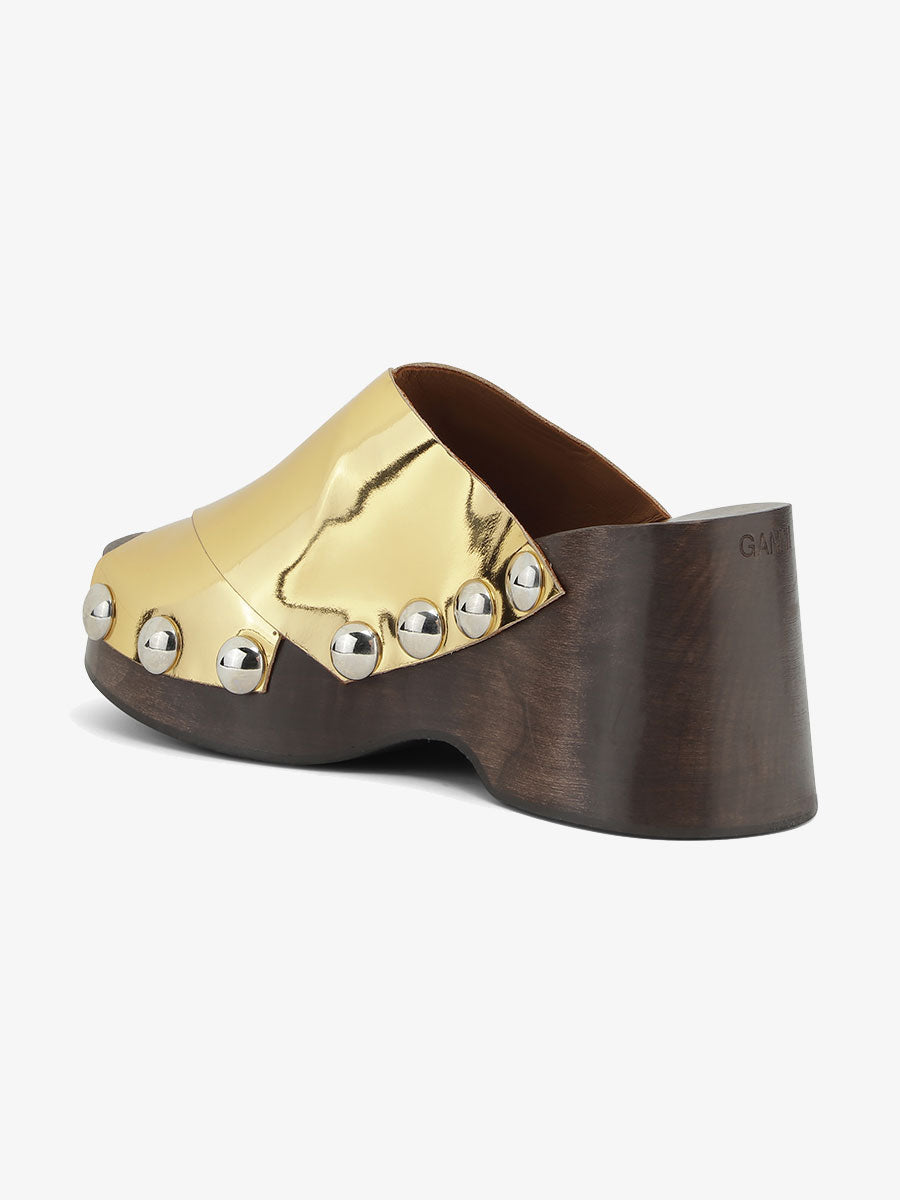 Ganni Retro Peep Toe Wood Sandal - Brown/Gold | Garmentory