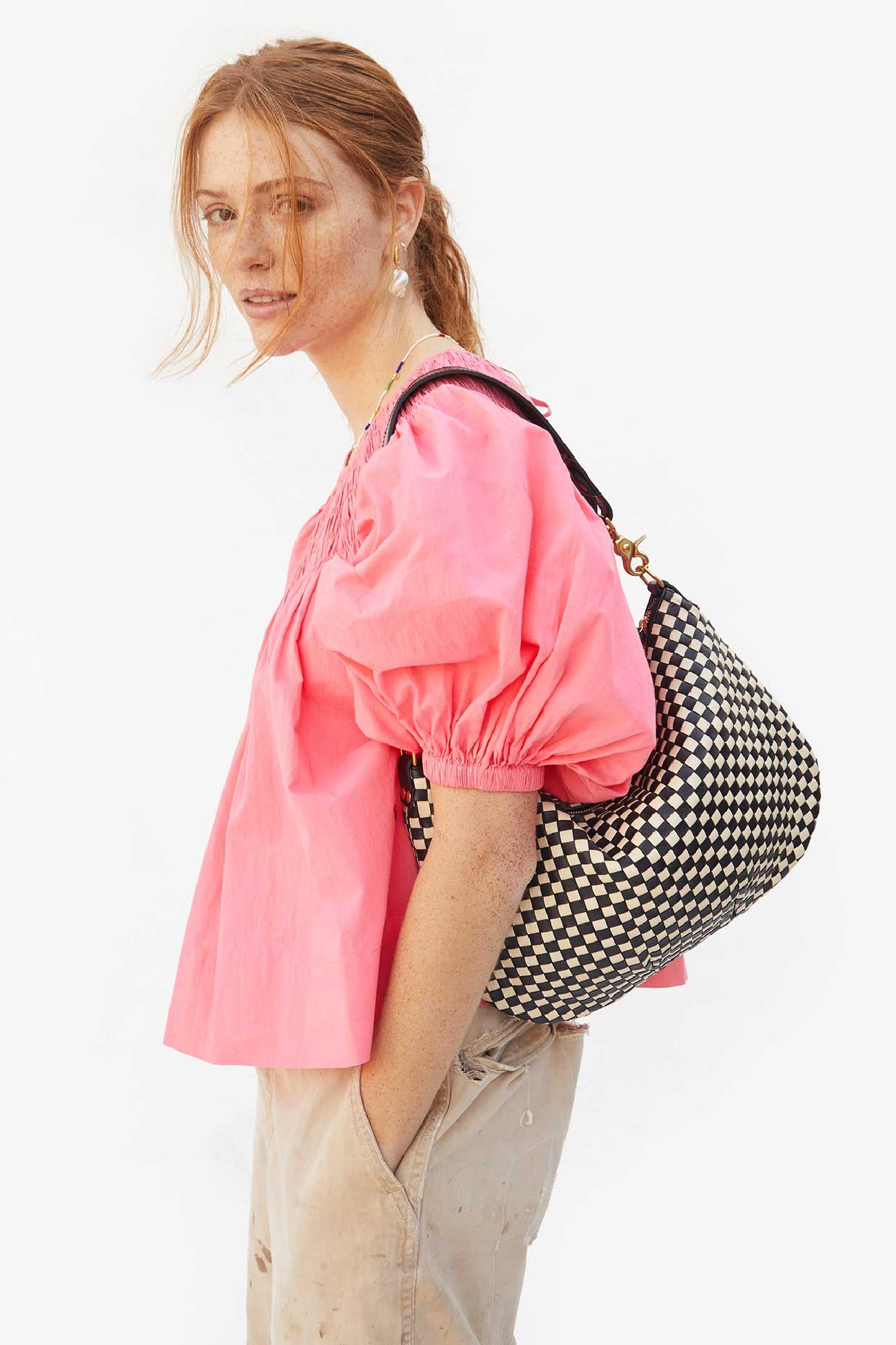 Clare V. Moyen Messenger - Black/Cream Woven Checker | Garmentory
