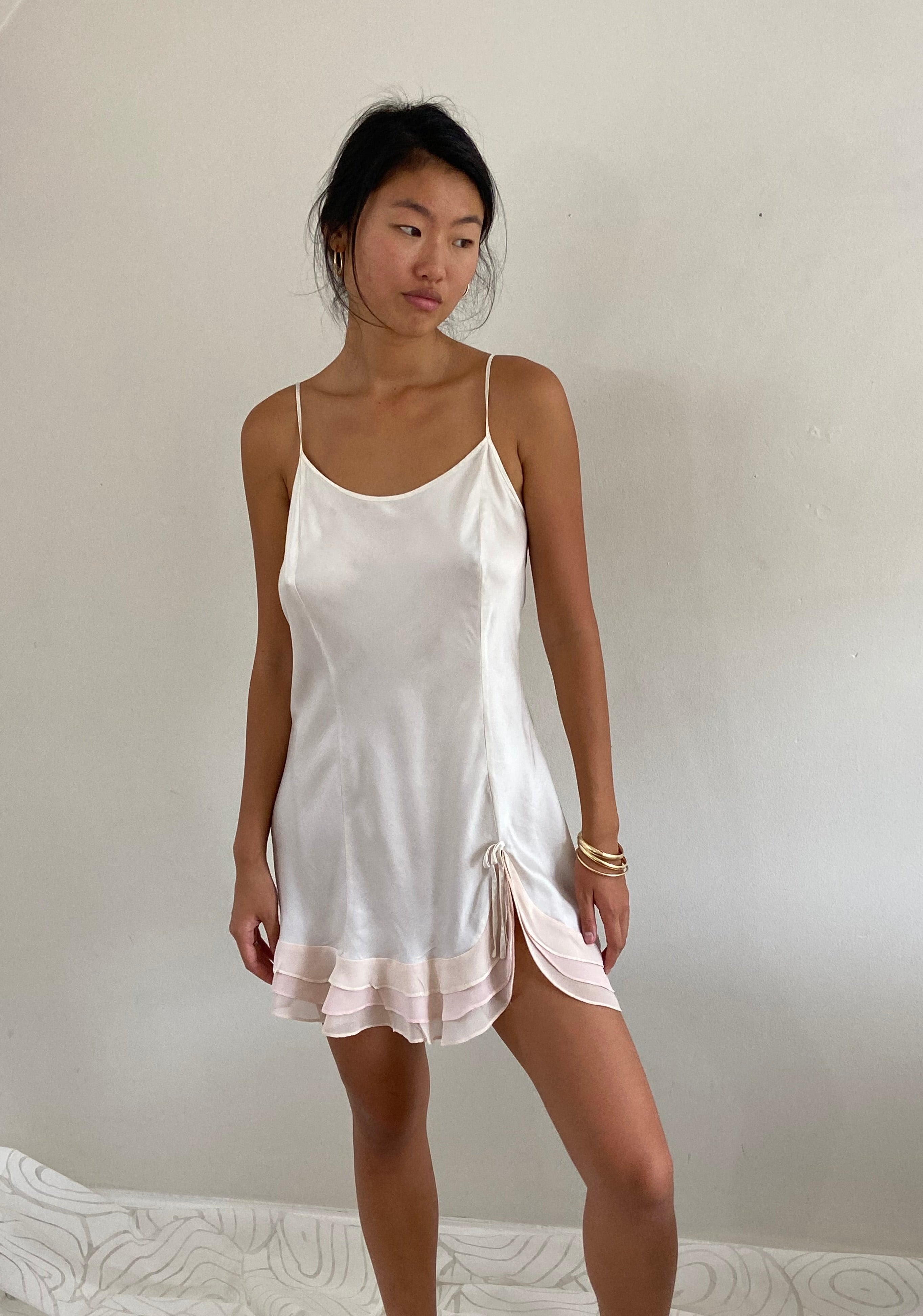 90s 100% silk charmeuse ruffle slip dress - ivory | Garmentory