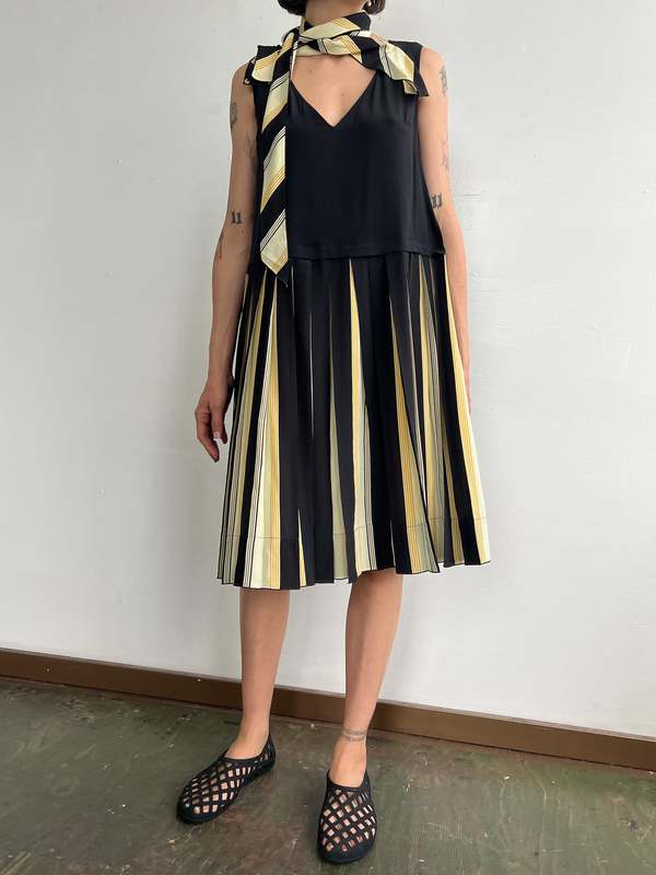 Vintage Marc Jacobs Silk Stripe + Pleated Dress - Black/White | Garmentory