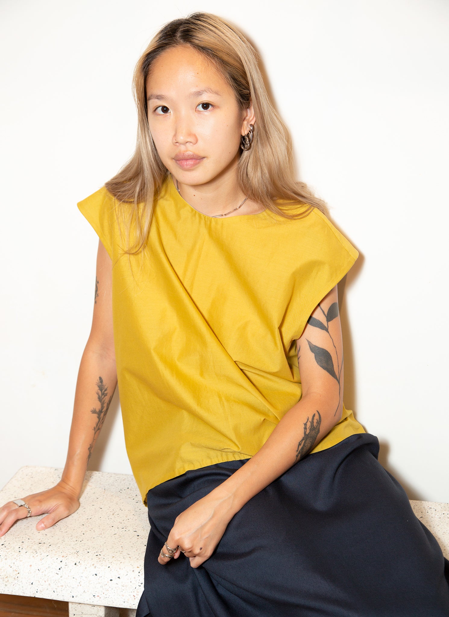 KAAREM Lotus Layered Folded Back Top - Mustard Yellow | Garmentory